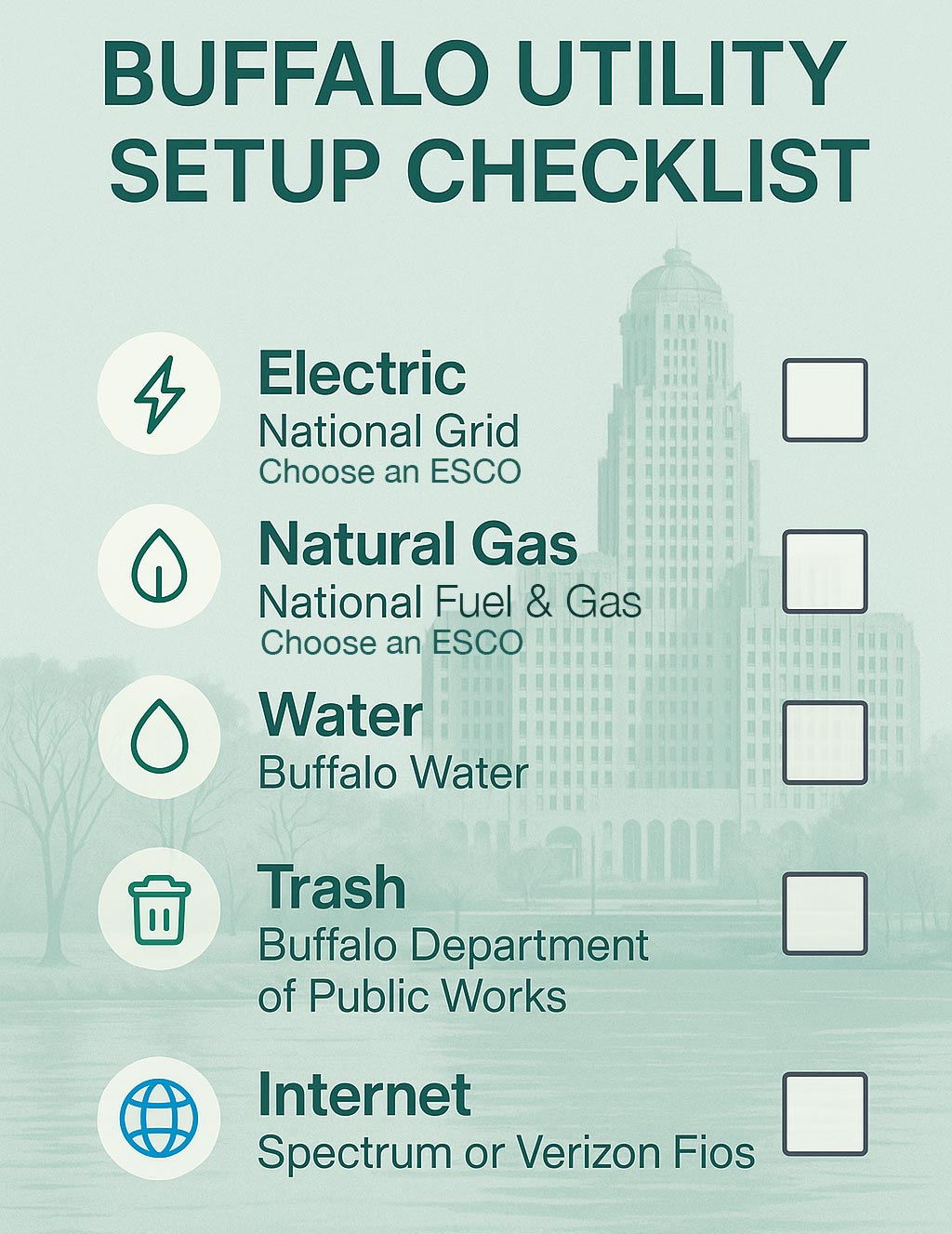Buffalo, NY Utilities Guide. Set Up and Compare Electricity, Natural Gas, Water, Internet, Trash ...